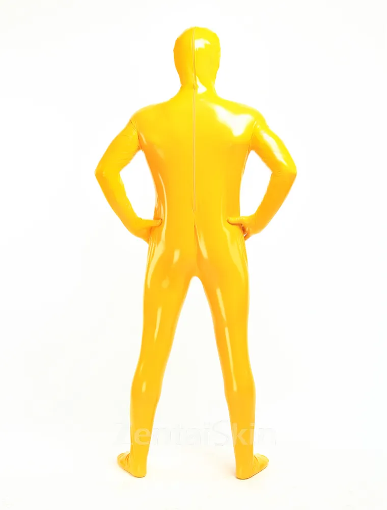 Latex Look Yellow Unisex Open Eyes Open Mouth Skinsuit Wetlook Unitard ...
